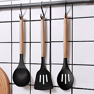 IOCBYHZ Silicone Cooking Utensils Set of 5, Heat Resistant Silicone Kitchen Utensils Set w Wooden Handle, BPA Free Silicone Spatula Spoon Turner Set Kitchen Gadgets Utensils Set for Nonstick Cookware