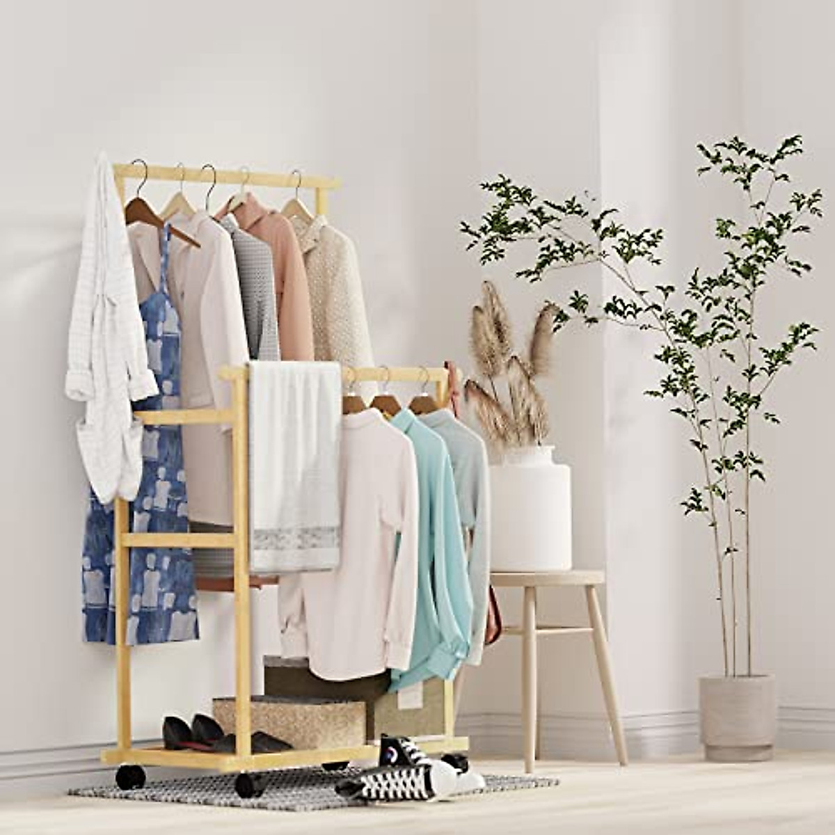 MOUTIK Wood Rolling Clothes Hanging Rack: Heavy Duty Double Rods Clothing Garment Racks - Bamboo Coat Hanger Organizer on Lockable Wheels with Shoes Shelf for Storage Display
