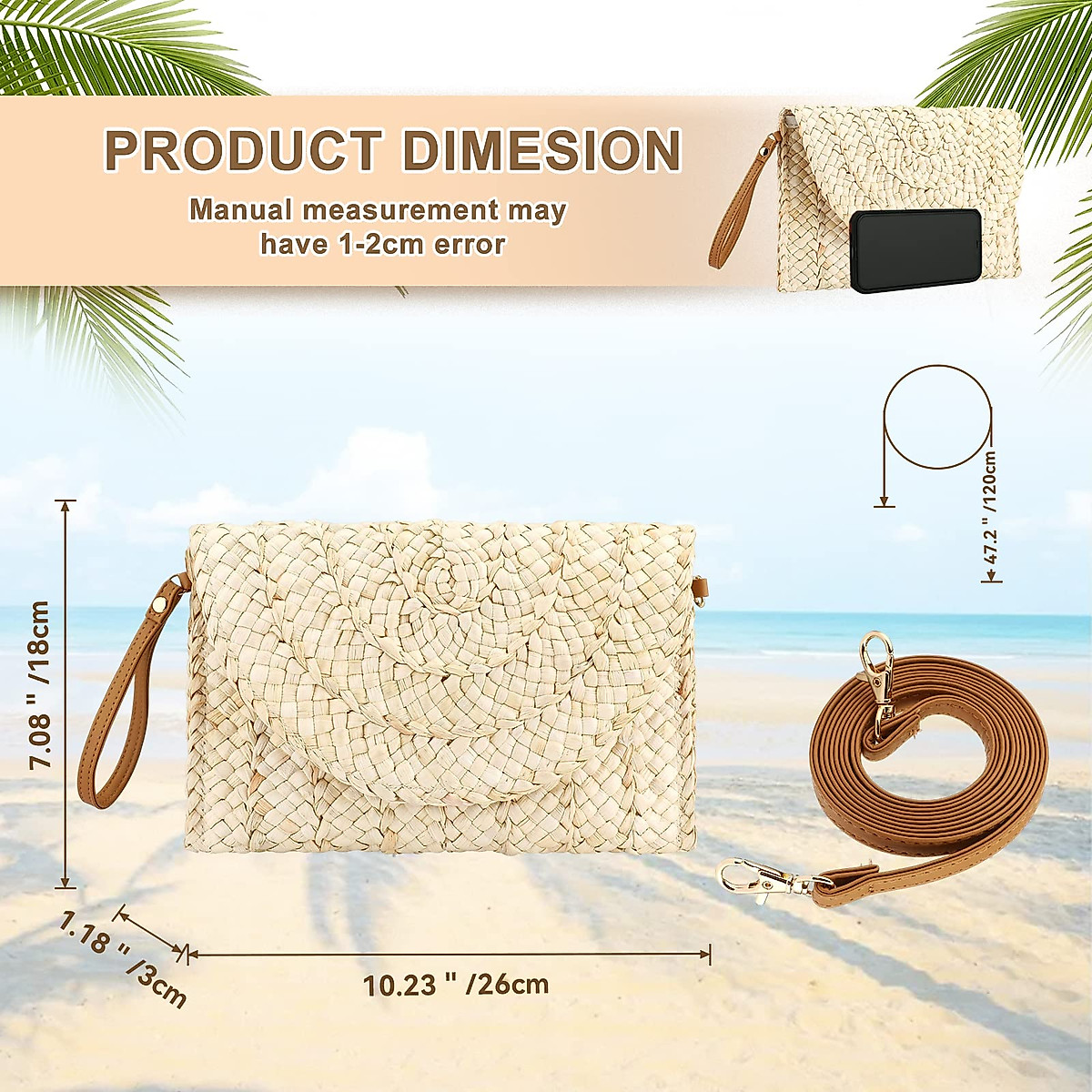Rkrouco Women's Straw Clutch Summer Beach Bags Crossbody Straw Bag Woven Purse with Bag Strap