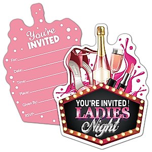 RZHV 15 Pack Pink High Heels & Champagne Shaped Fill-In Invitations Cards With Envelopes for Woman, Funny Birthday Party Mardi Gras New Year Party Costume Party Invite(Ladies Night)