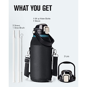 Half Gallon Water Bottle Insulated with Straw, Coolplus Large Water Jug with One-button Opening Lid, 64 oz Stainless Steel Metal Water Flask Themo Food Grade, Keep Cold 48h Hot 24h, Indigo Crush