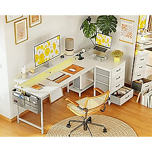 ODK 63 inch L Shaped Computer Desk with USB Charging Port & Power Outlet, L-Shaped Corner Desk with 4 Tier Drawer & Monitor Shelf for Home Office Workstation, Modern Style Writing Table, White