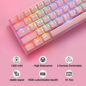MOTOSPEED Bluetooth/Wired 60% Pink Mechanical Keyboard Compact 61 Keys RGB LED Backlit Type-C Gaming/Office Keyboard for PC/Mac/Laptop Gamer (Red Switch)
