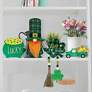 St Patricks Day Decor, 5pcs St Patrick's Day Gnome Tiered Tray Decor, Shamrock Wood Signs, Buffalo Plaid Gnomes Plush,Saint Patrick Bead Garland, Home Kitchen Table Decor, St Patricks Day Decoration