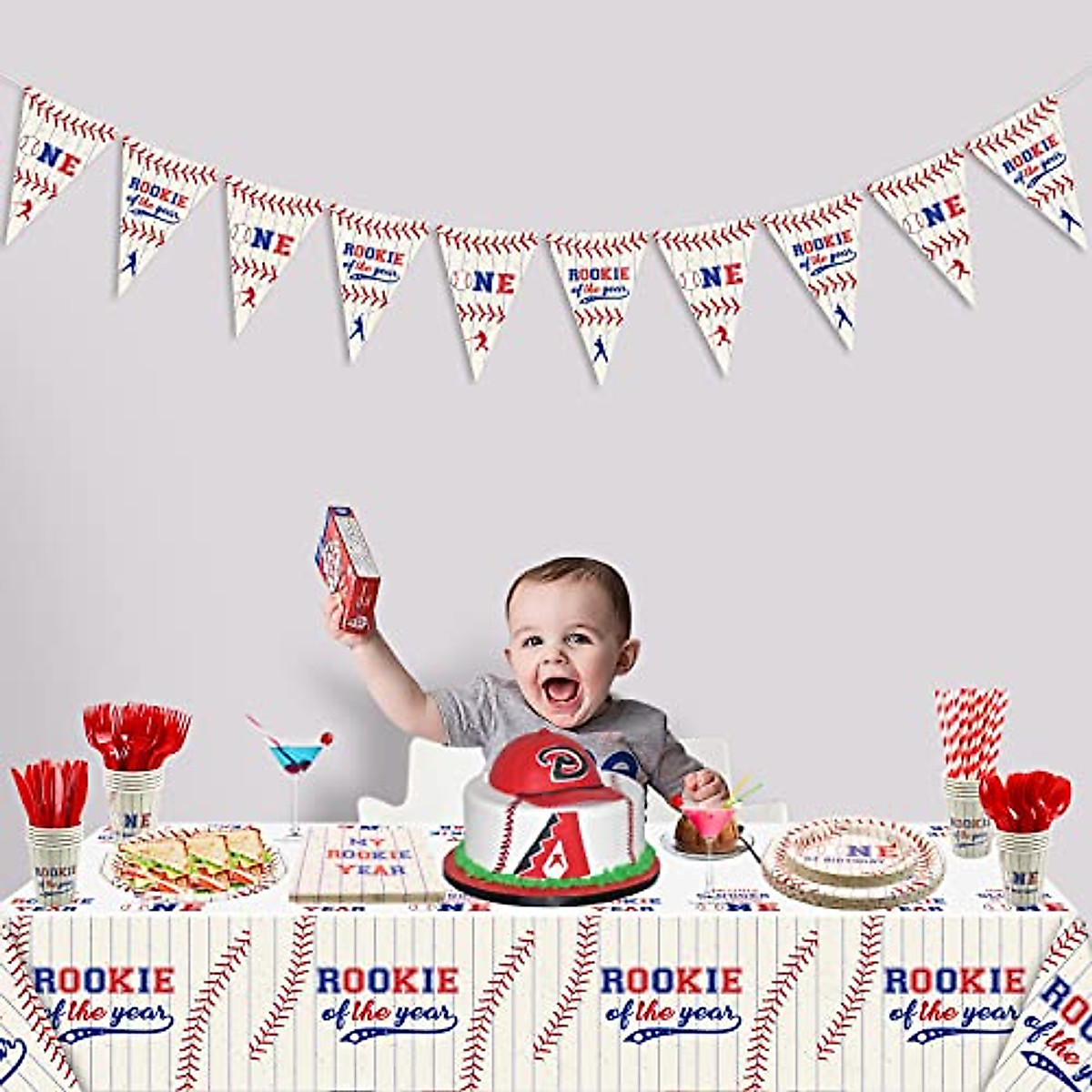 4 Pack Rookie of The Year Tablecloths, 51x87'' Baseball 1st Birthday Plastic Table Covers My Rookie Year Tablecloth for Boys First Baseball Party Decorations, Baseball 1st Birthday Party Supplies