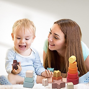 ibwaae Soft Silicone Stacking Toys Set 15 Pcs Natural Rainbow Color Nesting Cups and Silicone Stacking Cups Montessori Toy for Baby（Wooden Base）