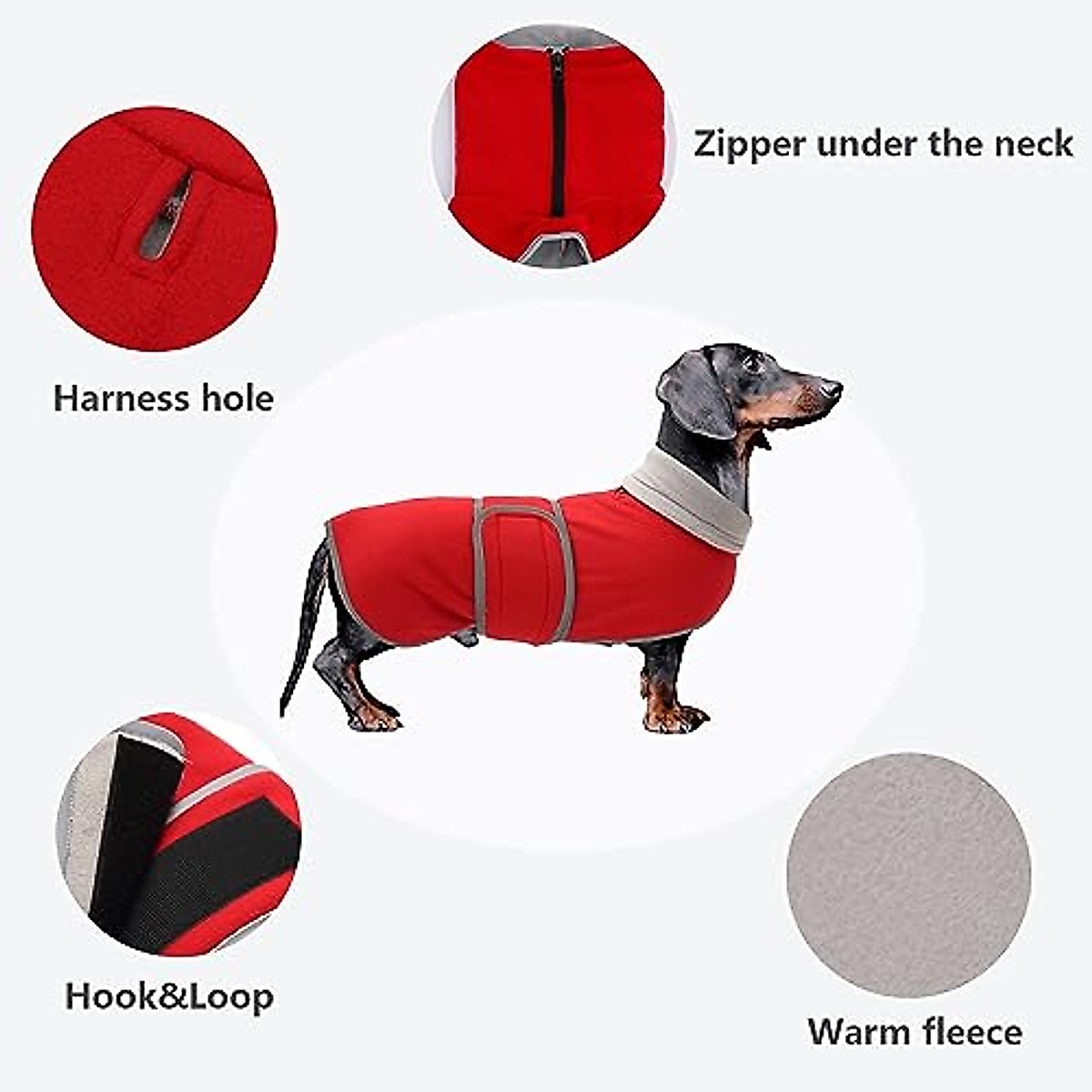 Dachshund Coats Sausage Dog Fleece Coat in Winter Miniature Dachshund Clothes with Hook and Loop Closure and high vis Reflective Trim Safety - Red - XS