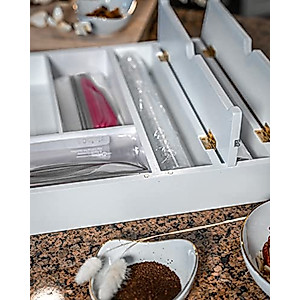 EDGE LINE White Bamboo Ziplock 6 Slot Storage Organizer - Food Storage Bags Organizer with 3 Doors - Kitchen Plastic Bags Storage - Gallon, Quart, Sandwich, Snack, Plastic Wrap, and Aluminum Foil