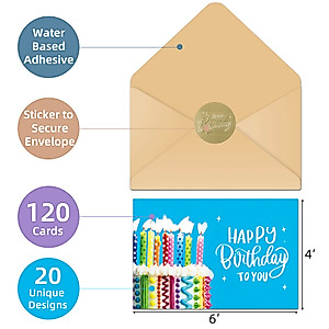 120 Happy Birthday Cards with Envelopes, Birthday Cards Bulk with Short Generic Message Inside, 20 Unique Designs, 4x6 inches, Birthday Cards Assortment for Business and Personal