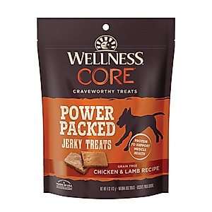 Wellness CORE Power Packed Dog Treats, Grain-Free Tender Jerky Treats, Made in USA (Chicken & Lamb Recipe, 4-Ounce Bag)