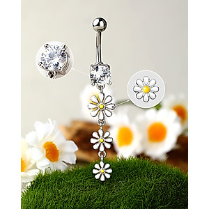 Melighting Dangle Belly Button Rings 14G Belly Rings Stainless Steel 316L Flower Belly Piercing Jewelry for Women Belly Piercing Navel Barbell Body Piercing Jewelry