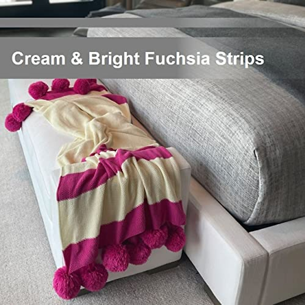 Knit Pink Throw Blankets for Couch- 50x60 Inches , Reversible Woven Cotton Striped Soft Throw Blanket for Bed with Pom Pink & Cream Full