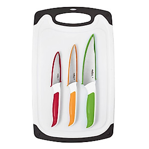 Zyliss Comfort Cutting Board & 3-Piece Knife Set - Japanese Stainless Steel Knife Set - Paring, Utility and Serrated Paring Knives - Plastic Cutting Board - Dishwasher & Hand Wash Safe - 4 Pieces
