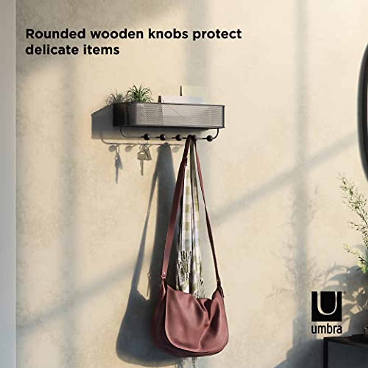 Umbra Estique Wall Organizer and Storage with Hooks, Black/Walnut