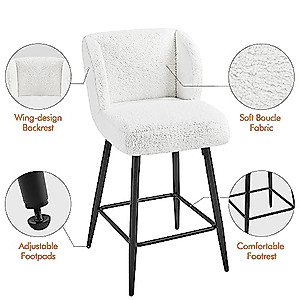 Yaheetech Bar Stools Set of 4 Boucle Fabric Upholstered Counter Height Stools Armless Kitchen Island Stools with Black Metal Legs for Pub Club Kitchen, White