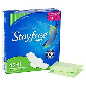 Stayfree Maxi Super Long Pads with Wings For Women, Reliable Protection and Absorbency of Feminine Periods, 45 count