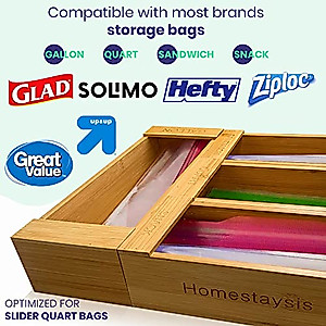 Homestaysis Premium Bamboo Ziplock Bag Storage Organizer for Kitchen Drawer, 4 Separate Box Organizer w/Plastic Bag Drying Rack, Baggie Holder Dispenser Compatible w/Gallon, Quart, Sandwich