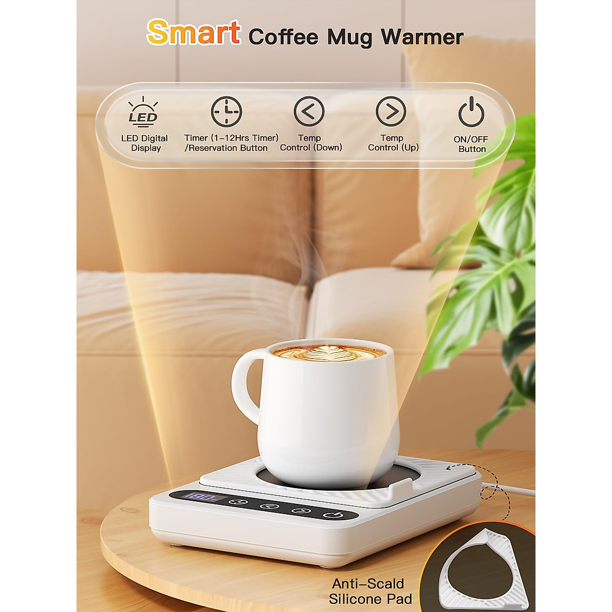 Misby Coffee Mug Warmer, Coffee Warmer for Desk with 6 Temp Settings, 8H Auto Shut Off Coffee Cup Warmer 12H Timer, Smart Coffee Warmer Plate Keeps Hot, Fresh for Coffee, Tea, Milk, Beverage,White