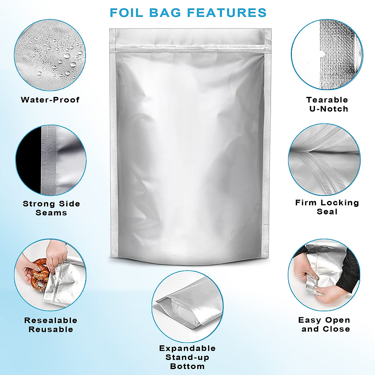 One Gallon Resealable 4.7 ml Mylar Bags, 50 Unit Set with 300cc Oxygen Absorbers and Labels; Thick and Heat Sealable. Food Storage Done Easy!
