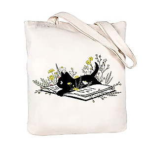Mahrokh Canvas Tote Bag for Woman Funny Aesthetic Tote Bag Cute Cat Flower Reusable Grocery Bags