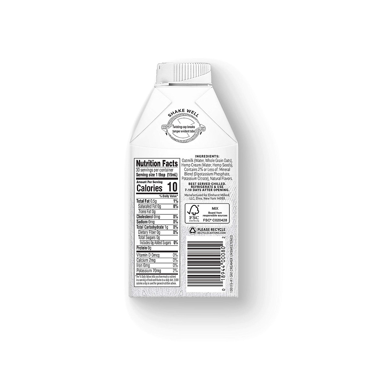 Elmhurst 1925 Unsweetened Oat Creamer, Plant-Based, Vegan, 16 Ounce (Pack of 6)