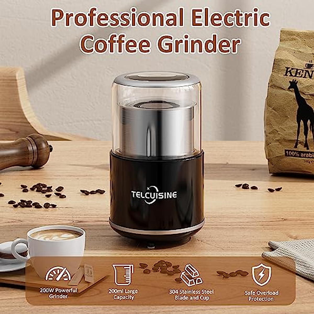 Telcuisine Coffee Bean Grinder, 200ml Small Coffee Grinder Electric Espresso Grinder with 304 Stainless Steel Blades for Beans, Nuts, Herbs, Grain and Salt, Spice Grinder with Cleaning Brush, 200W