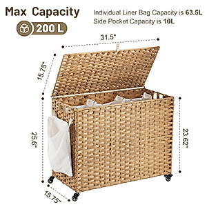 Laundry Hamper with Wheels, 52.8 Gallon(200L) Rolling Laundry Basket with Lid, 3-Section Rattan Clothes Hamper with 3 Removable Liner & 3 Mesh Laundry Bags, Laundry Sorter with Side Pocket, Natural