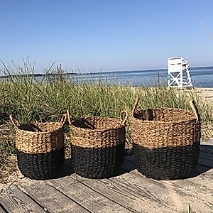 WHW Whole House Worlds Cape Cod Seagrass Baskets, Set of 3, Paint Dipped, Chunky Weave, Nautical Gray, Natural, Barrel Belly, Top Handles, 15.75, 13.75, and 11.75 Inches Tall