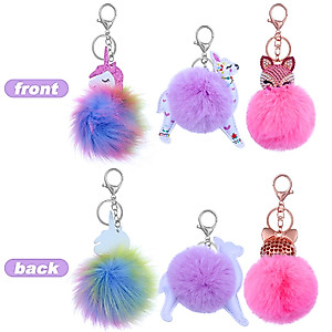 WILLBOND 3 Pieces Cute Animal Unicorn Pom Pom Keychain Faux Fluffy Key Ring for Women Girls (Fox Alpaca Unicorn Style)