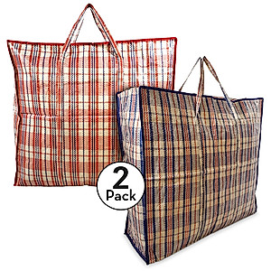 Set of Two Extra Large 23 Inch X 23 Inch X 7 Inch Plaid Storage Laundry Reusable Lightweight Organizing Bag with Zippers and Handles