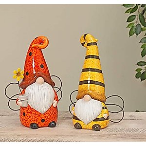 Set of 2 Garden Gnomes 10.5 Inches High, Ladybug and Bee Terracotta Garden Gnome Sculptures with Metal Wings