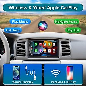 7 Inch Double Din Car Stereo with Wireless CarPlay & Wireless Android Auto,Car Radio Touchscreen with Bluetooth,Live Rearview Camera,Type C Fast Charge,Airplay,USB/SWC/AUX,AM/FM Car Radio