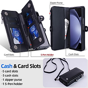 GooseBox for Samsung Galaxy Z Fold 5 Wallet Case, Z Fold 5 Case with S Pen Holder with Strap & Zipper Magnetic Leather Shockproof Case Full Body Cover for Galaxy Z Fold 5 (Black)