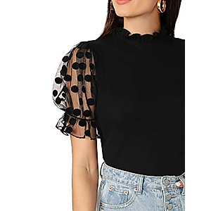Romwe Women's Summer Short Sleeve Mock Neck Casual Blouse Tops Mesh Black Small