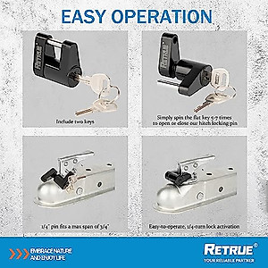 RETRUE Trailer Tongue Coupler Lock, Trailer Hitch Lock,Dia 1/4 Inch, 3/4 Inch Span for Tow Boat RV Truck Car's Coupler (1 Pack, Black)