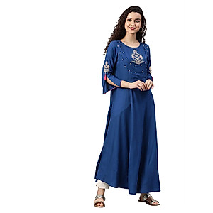 Yash Gallery Indian Rayon Embroidered Regular Kurtis for Women (Blue)