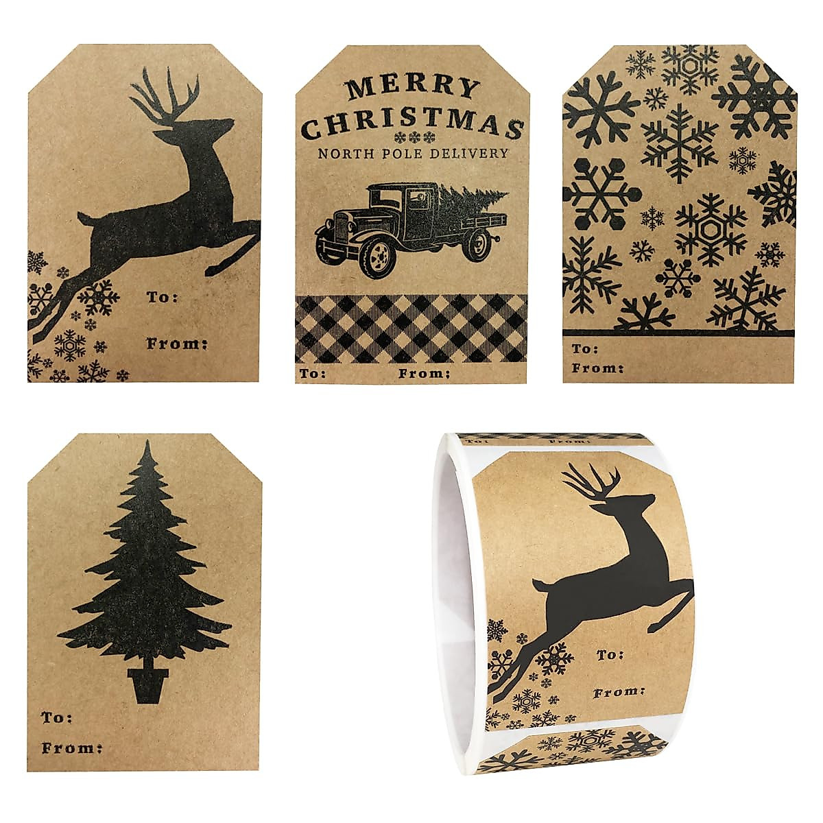 Natural Kraft Gift Tags Holiday Present Stickers 4 Different Designs 2 x 3 Inch 100 Total Labels