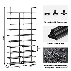 HODYANN 10 Tiers Shoe Rack, 40 Pairs Shoe Rack Organizer, Space Saving Non-Woven Fabric Large Metal Shoe Shelf, Stackable Shoe Rack for Closet, Black (Black10-D)