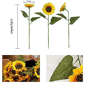 Laelfe 6PCS Artificial Sunflower Flowers Long Stem Silk Fake Sunflowers Decoration for Outdoor Home Wedding Birthday Party Single Bulk Yellow Decor(Dark Center)