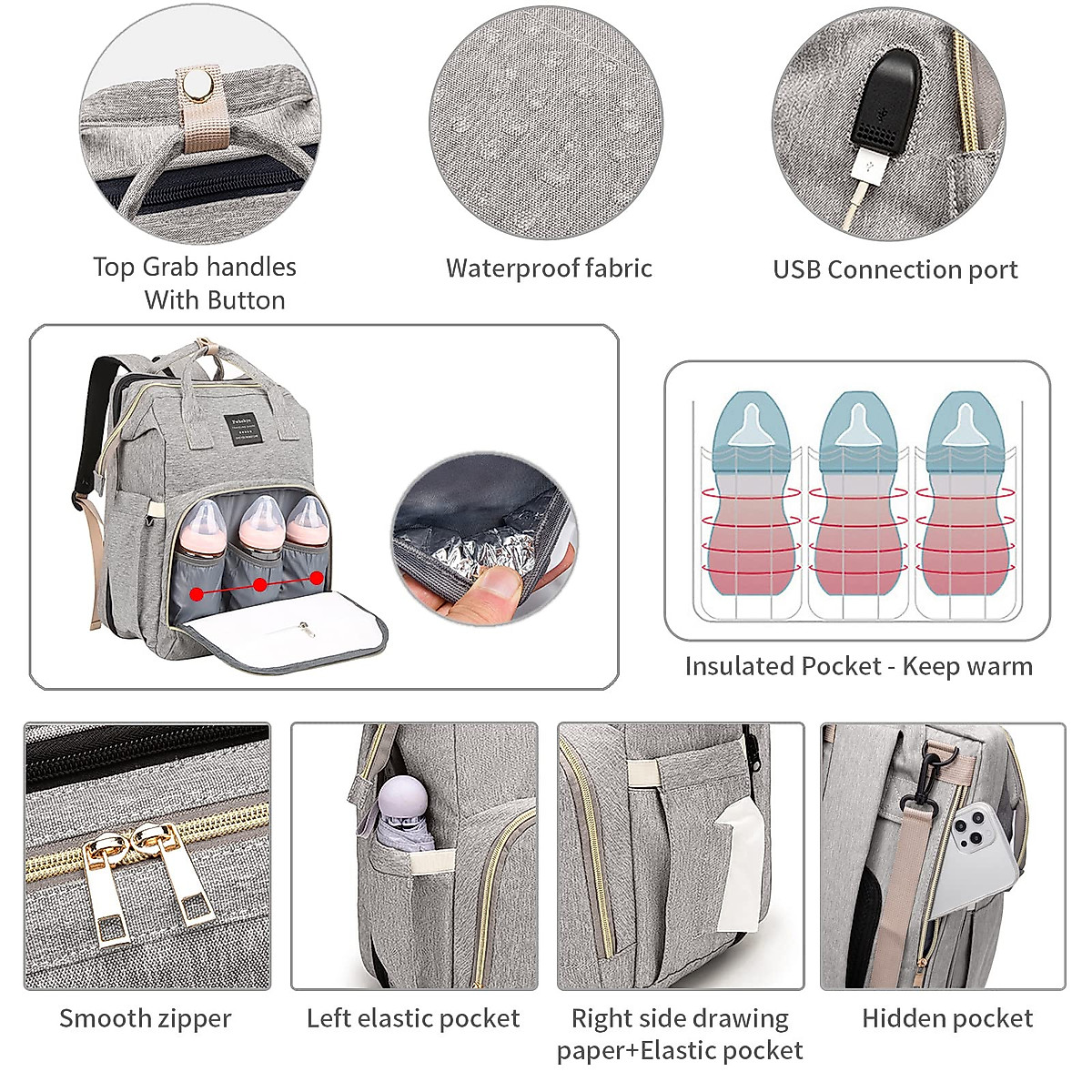 Baby Diaper Bag Backpack with Changing Station, Baby Registry Search Shower Gifts, Baby Bags for Boy Girl, New Mom Gifts for Women, Large Capacity, USB Port,Gray