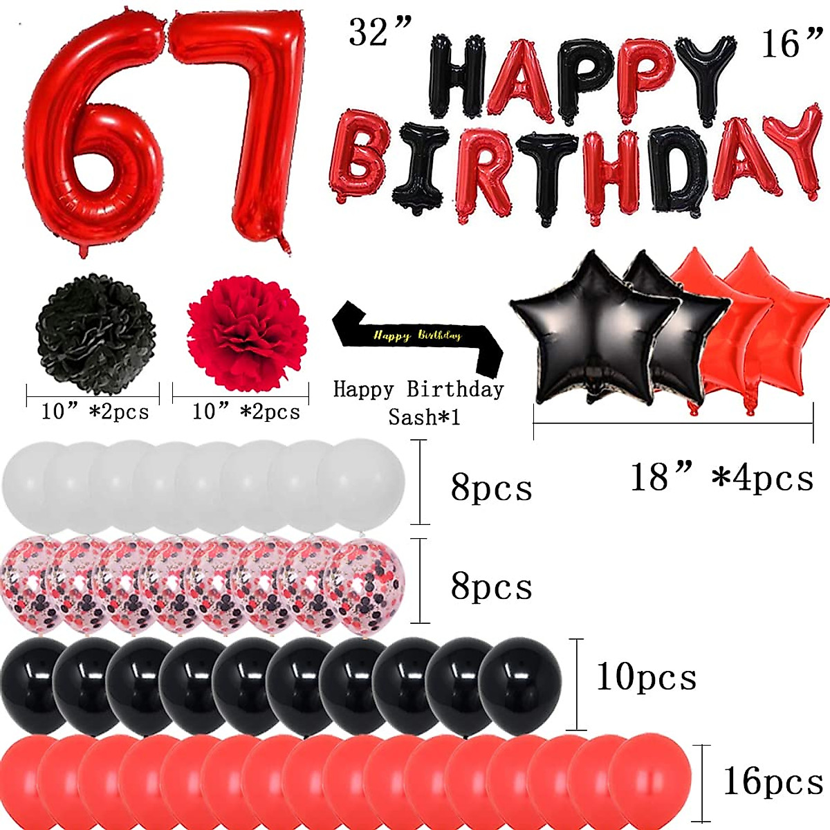 yujiaonly 67th Birthday Party Decorations-Happy Birthday Foil Ballons Banner Red Number 67 Happy birthday Sash Latex Balloons Perfect for 67 Years Old Party Supplies Balloons Number 67 Red