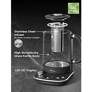 Offacy Electric Tea Kettle, 1.6L 1200W Fast Heating 9 Smart Presets with Removable Infuser Temperature Control 2H Keep Warm, BPA-Free Glass Teapot for Coffee, Boil-dry Protect, Easy to Clean, Black