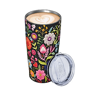 AYCZN Embroidered Flower Insulated Tumbler with Lid and Straw, Spring Floral Stainless Steel Coffee Mug 20oz Water Bottle Leakproof Travel Thermal Cup