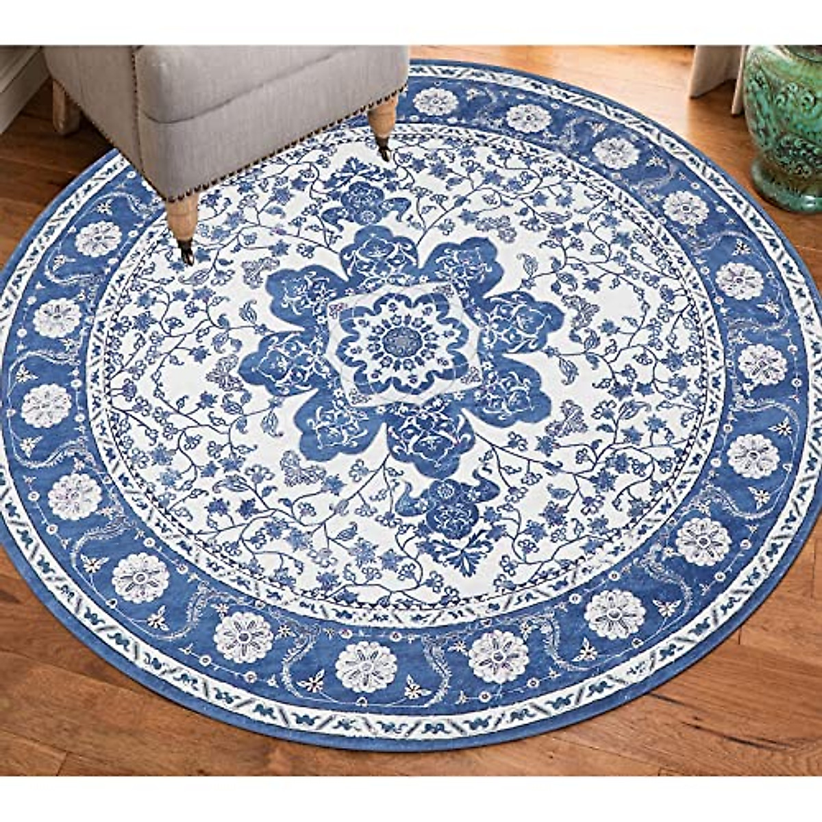 Ileading Round Rug 4ft Heidi Collection Round Area Rug, Washable Non-Shedding Round Fluffy Rug for Dining Room Entryway Foyer Living Room Bedroom Sofa (Blue)