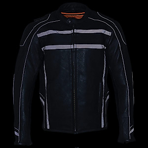 Milwaukee Leather ML2083 Men's Black Premium Leather Vented Motorcycle Rider Jacket w/Reflective Piping - Large