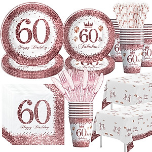 Xigejob 60th Birthday Decorations Women Tableware, Rose Gold 60 And Fabulous Decorations Dinnerware, Plate, Cup, Napkin, Tablecloth, Cutlery, Happy Sixty 60-Year-Old Birthday Party Supplies, Serve 24
