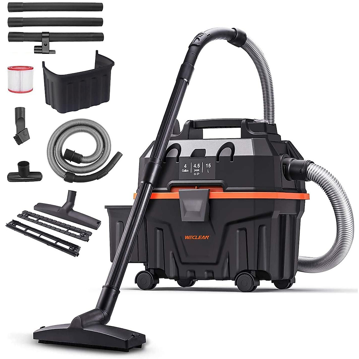 WECLEAN V8 Shop Vacs Wet and Dry 5 Gallon 5.5 Peak HP Shop Vacuum Stainless Steel Tank with Blower for Carpet Wooden Floor Shop Vacuum with Wheels for Household, Garage, Basement and Workshop