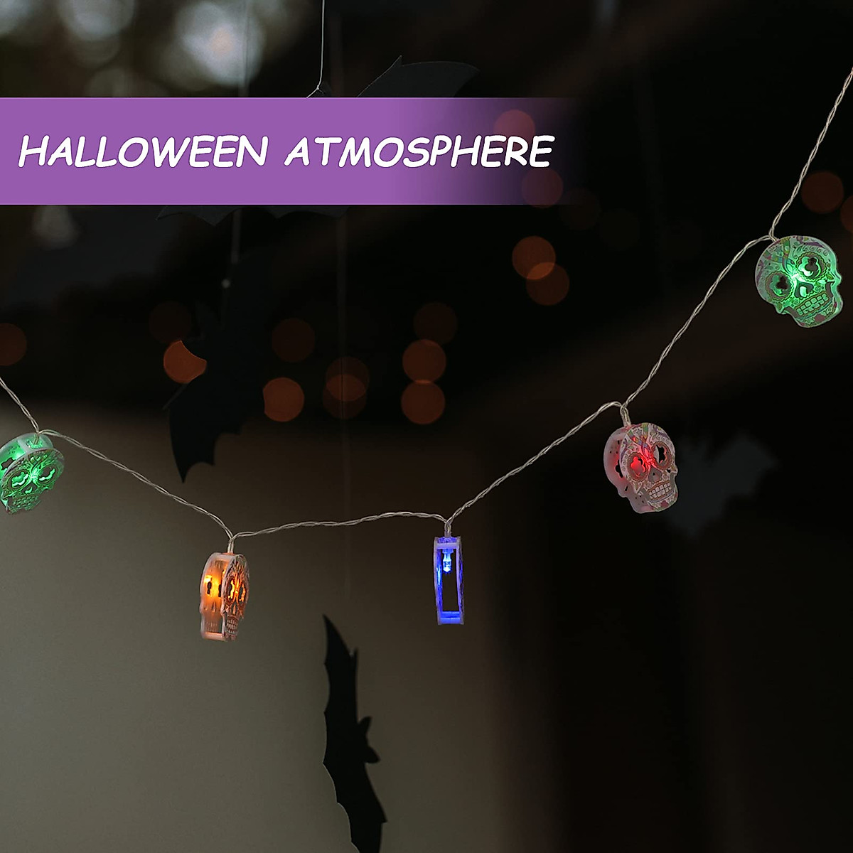 Uonlytech 1pc String Halloween Skull String Lights Halloween Decorations Lights Xmas Party Light Led Cute Lights Indoor Lights for Decoration Festival Night Light Battery Light Pumpkin
