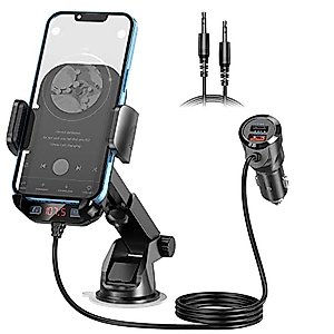 Magift Bluetooth FM Transmitter for Car - 3 in 1 Bluetooth Car Adapter with Phone Holder Supports QC3.0 Charging,Stronger Microphone & Enhanced FM Transmission are Built in Car Bluetooth Adapter
