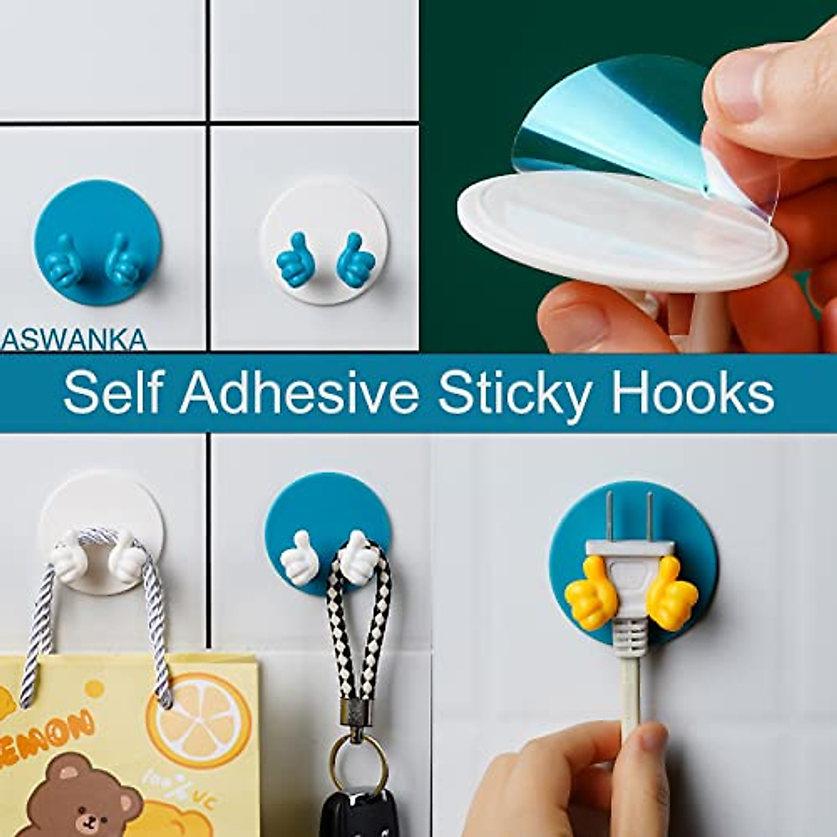 ASWANKA Utility Wall Hooks, Plug Storage Hooks, Damage Free Adhesive Wall Hooks for Hanging, Wall Hangers Without Nails for Hanging in Living Spaces, Kitchen, Bathroom, 6pcs Mixed